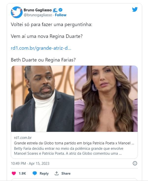 Bruno Gagliasso e Betty Faria discutem nas redes sociais por causa de Patrícia Poeta e Manoel ...