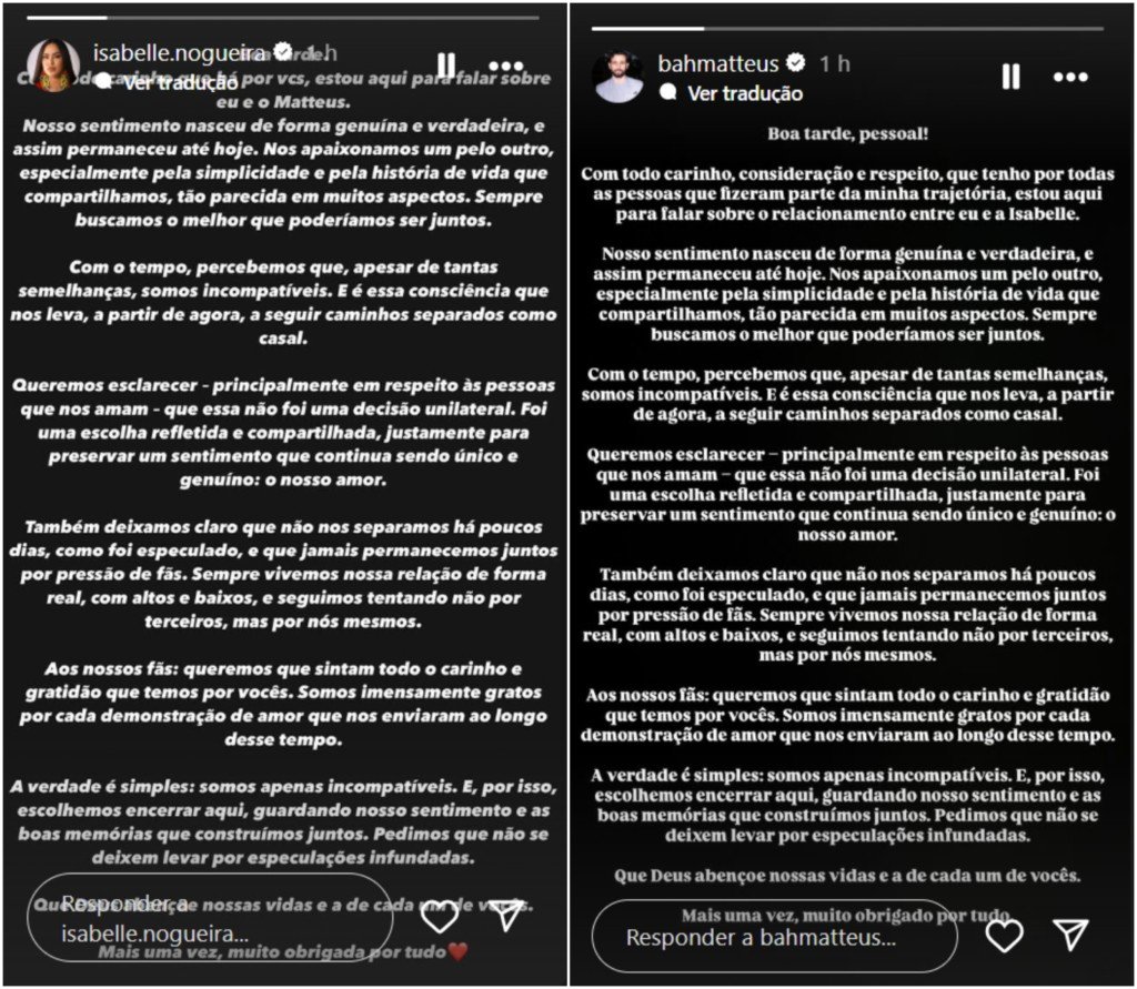 Isabelle Nogueira confirma fim do romance com Matteus Amaral: ‘Somos ...